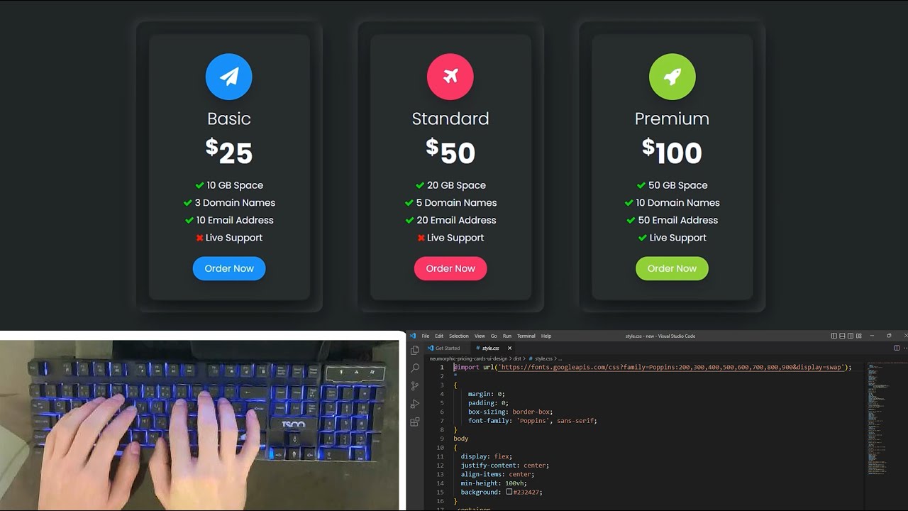 ASMR Programming - Neumorphic Pricing Cards UI Design using HTML CSS - No Talking