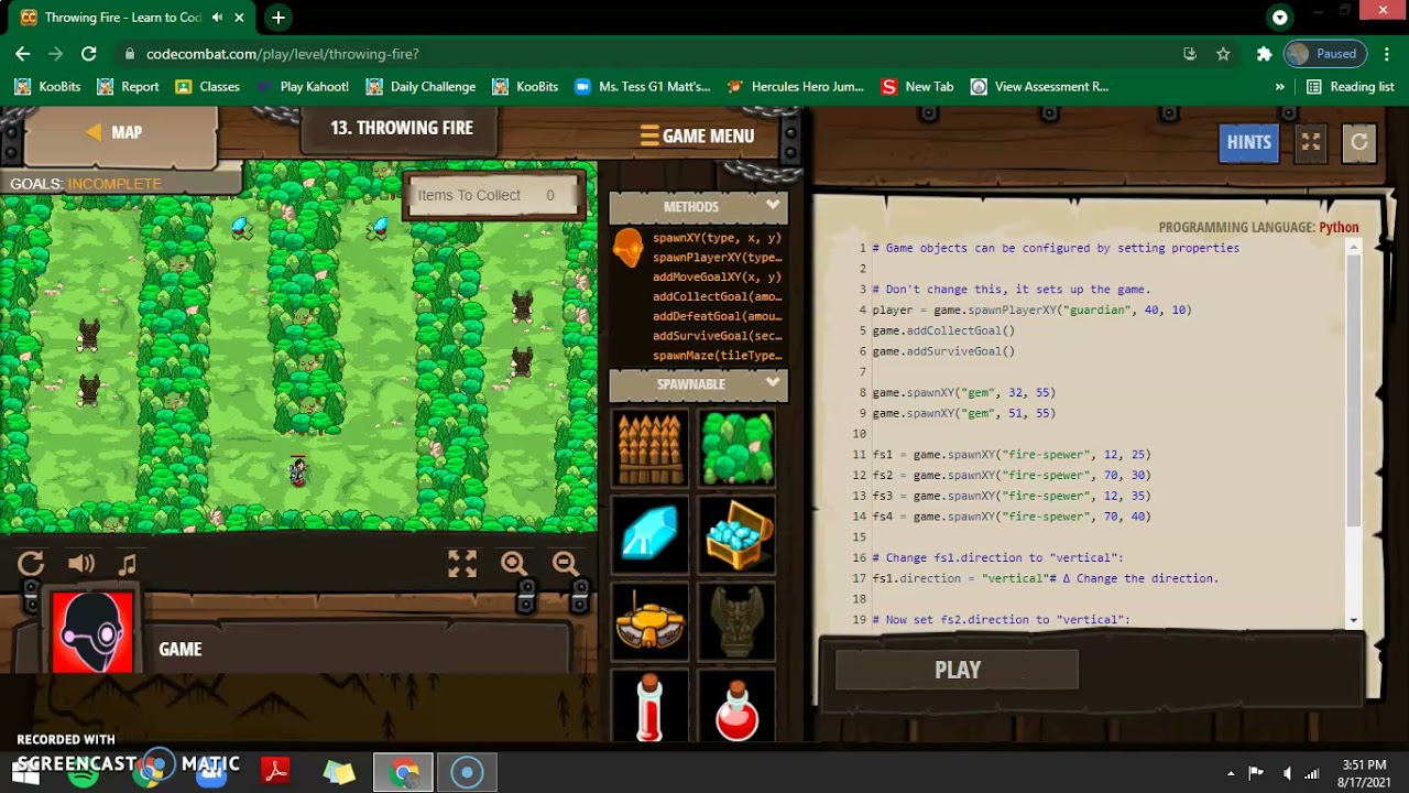 codecombat: game development 2 - throwing fire solution