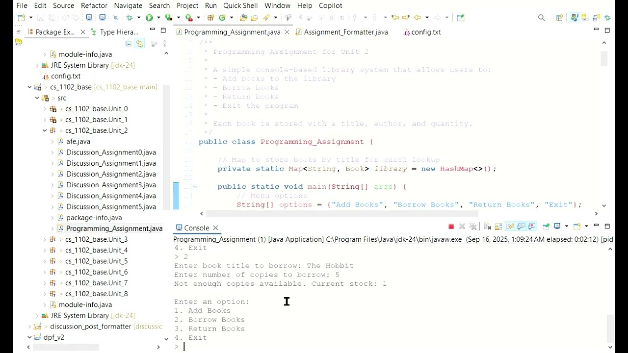UoPeople   cs 1102 base src cs 1102 base Unit 2 Programming Assignment java   Eclipse IDE 2025 09 16
