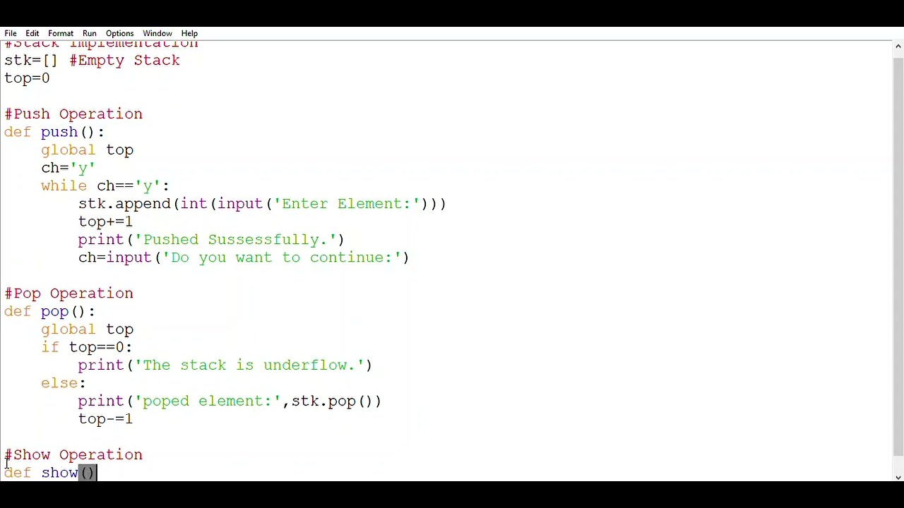 Stack implementation using list and performing Push Pop and Show operations coding term 2 computer