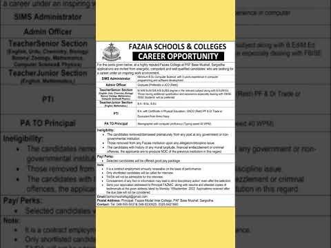 Fazaia School & College Sargodha Jobs 2022