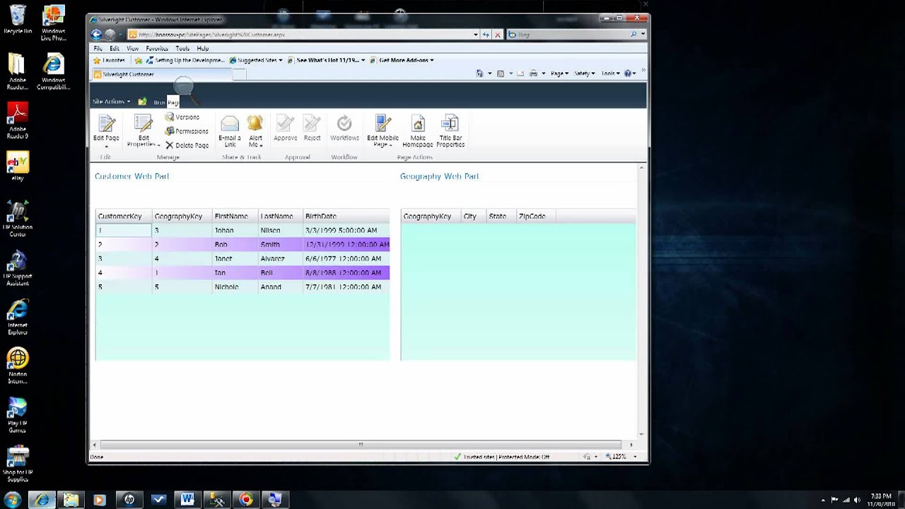 Silverlight 4 Web Parts linked with SQL Server database tables