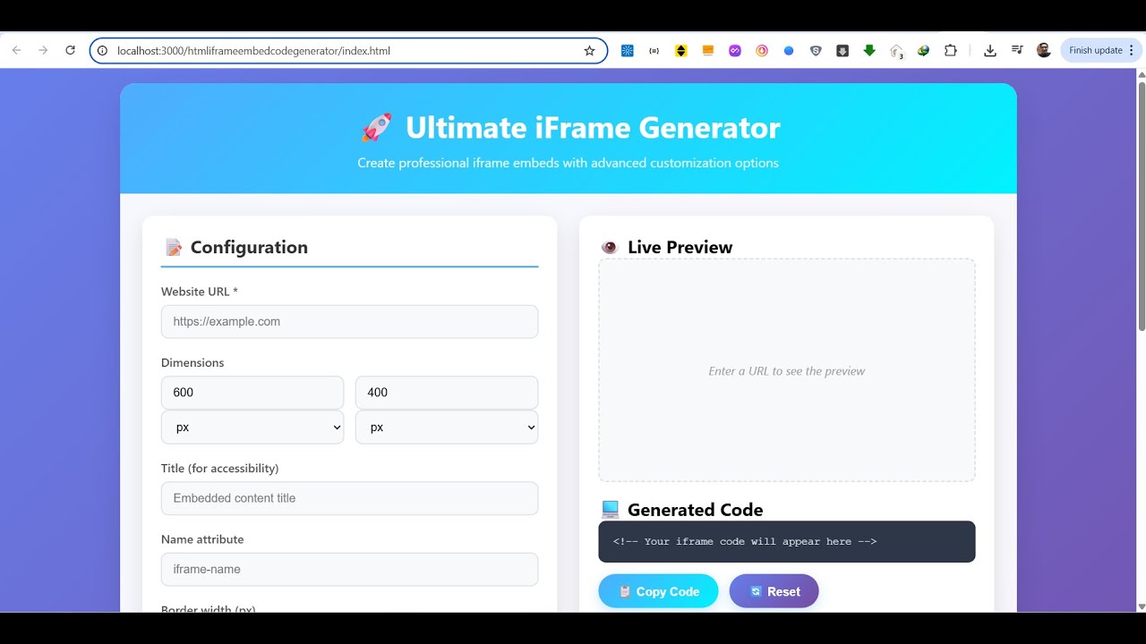 Build a HTML IFrame Embed Code Generator Tool to Embed Videos on Website in Browser Using Javascript