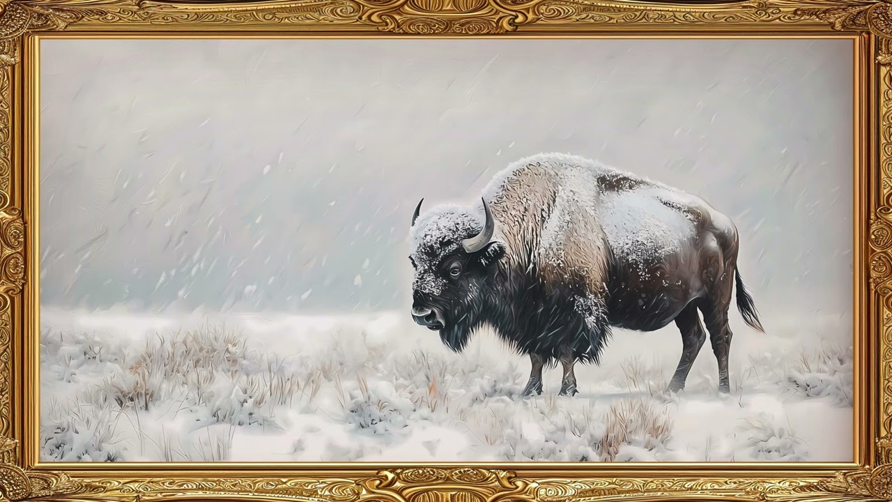 Bison Frame TV Art Vintage Painting Screensaver Framed 4K HD Wallpaper Winter Landscape Slideshow