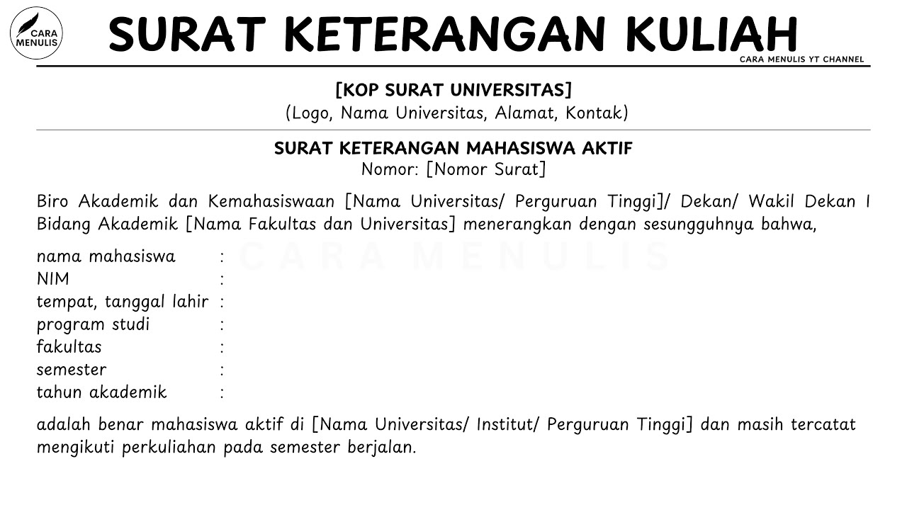 FORMAT DAN CONTOH SURAT KETERANGAN KULIAH ATAU SURAT KETERANGAN MAHASISWA AKTIF
