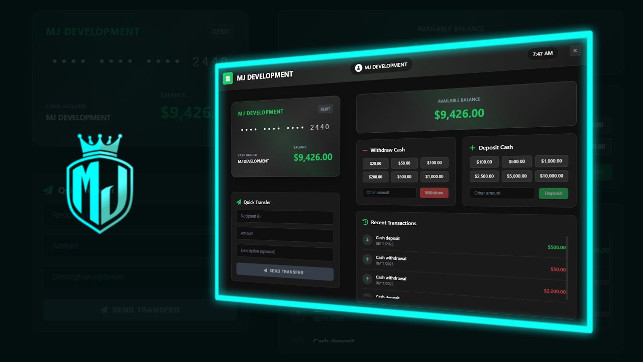 [FREE] 🏦 Advanced Banking System ESX/QBCore | Modern UI | MJ DEVELOPMENT