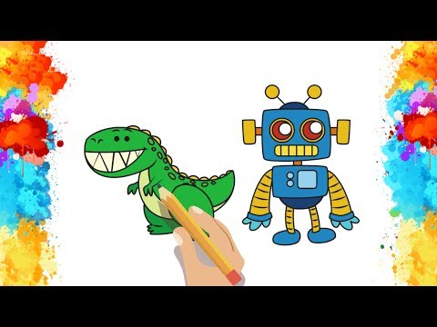 How to Draw a Dinosaur and Robot Coloring Page for Kids, Coloring Book