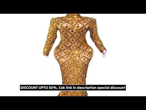 Sparkly Sequins Rhinestones Long Sleeve Dress Women Evening Prom Birthday Dress Sexy Transparent Per