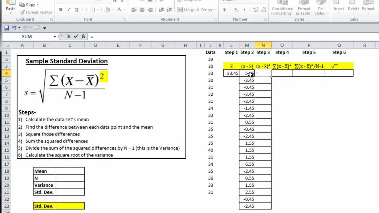 Excel Statistics 04: Calculating Variance and Standard Deviation