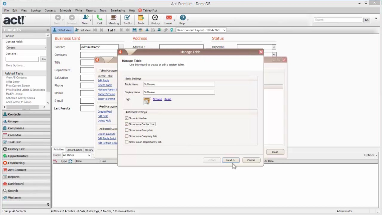 Tables4Act - Creating Custom Tables