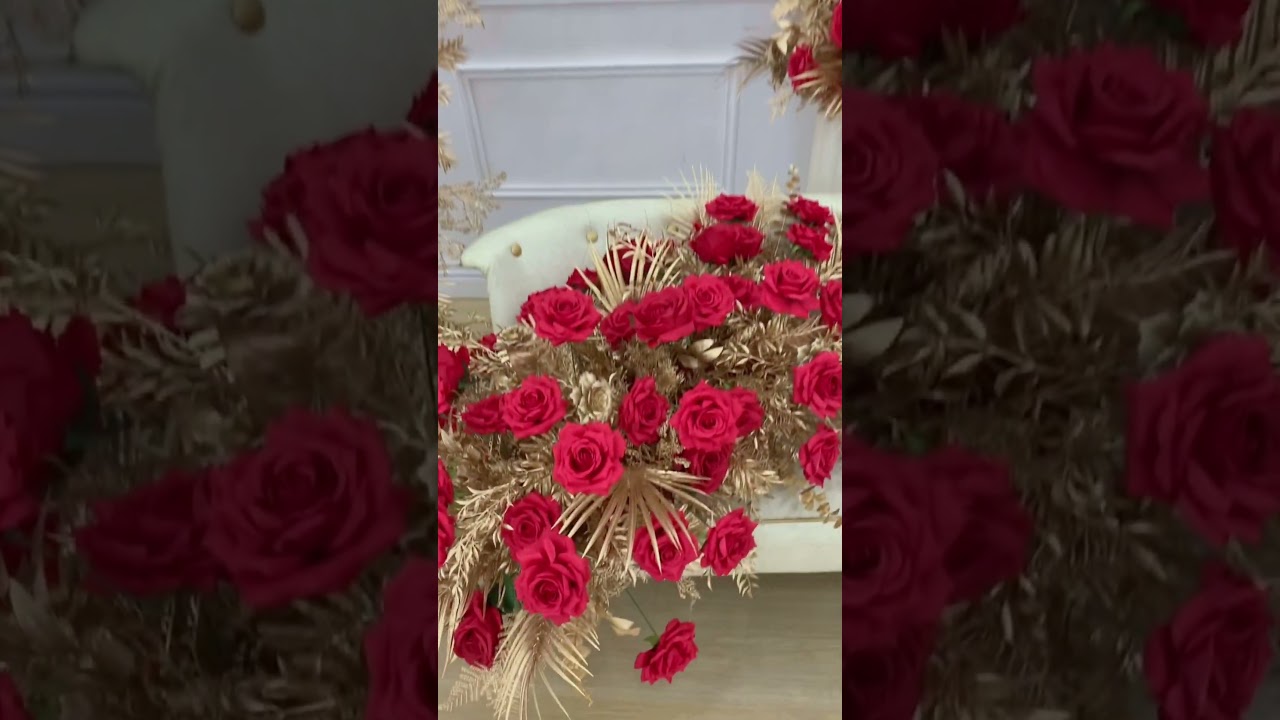 Luxury Gold Leaves Red Rose Wedding Background Arch Flower Arrangement