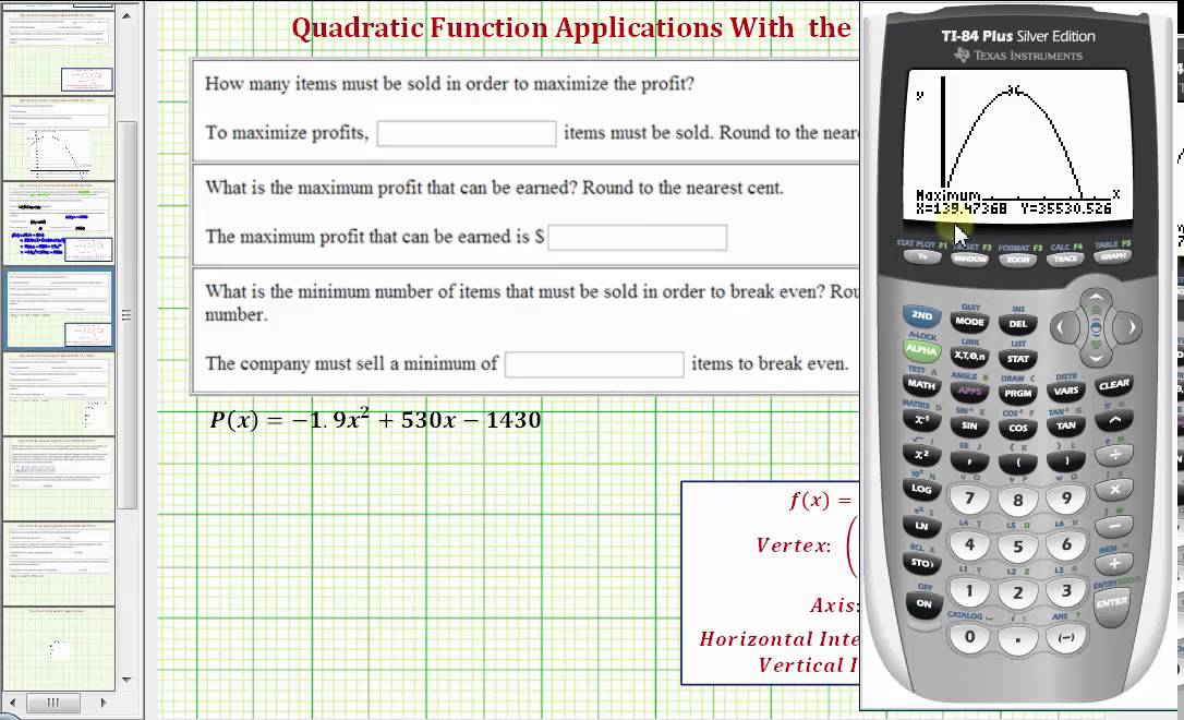 Ex: Quadratic Application Solved using the TI84 (Profit)
