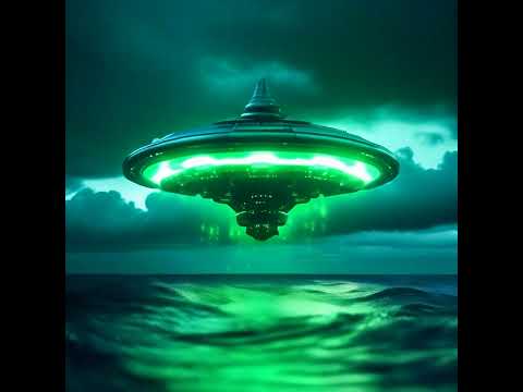 Alien spaceship hovering over stormy ocean, emitting green light #ai #appypie #video