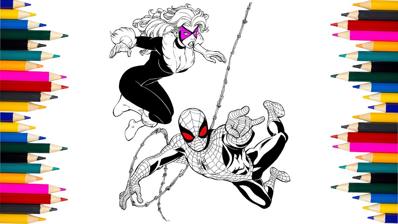 Drawing Spider-Man VS Black Cat In One Take! Spiderman Coloring Page! How to Draw Spider-Man!