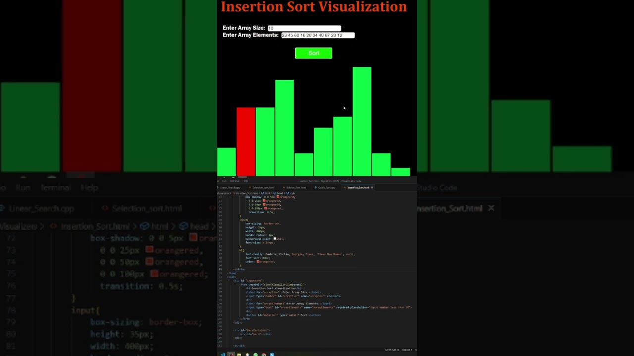 Amazing Insertion Sort Visualization | HTML|CSS|JAVASCRIPT || Source code in bio..