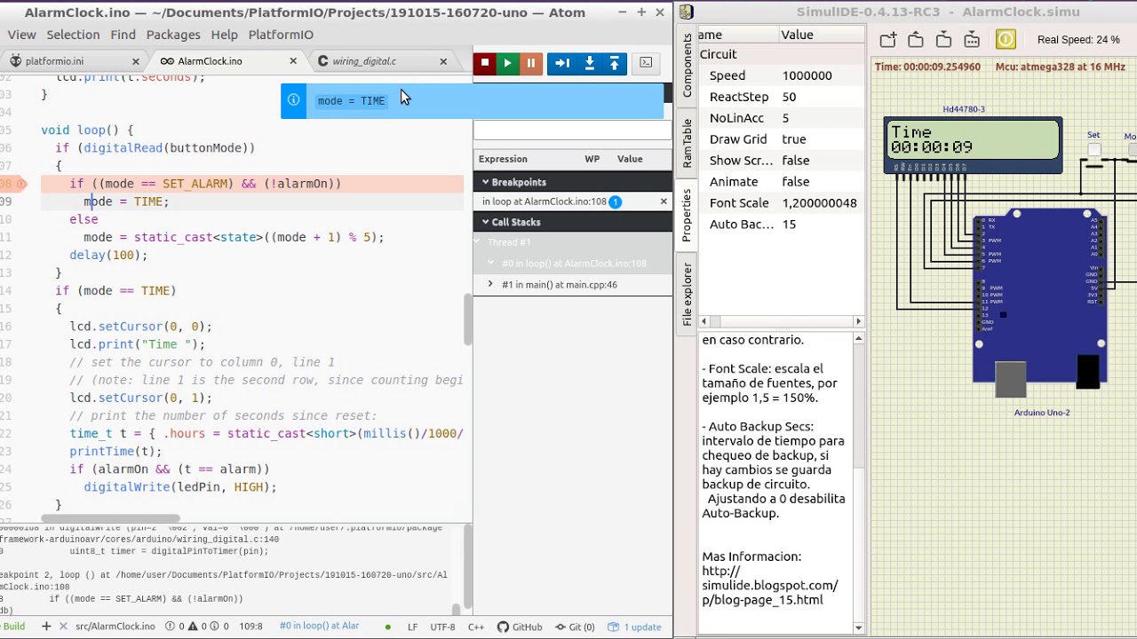 Platfomio+Simulide debugging