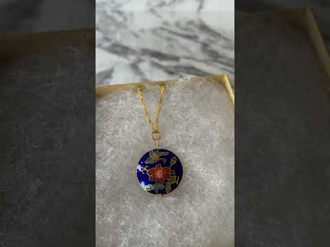 Vintage small round blue puffy butterfly floral cloisonné enamel necklace: BlueSagittarius 🔗