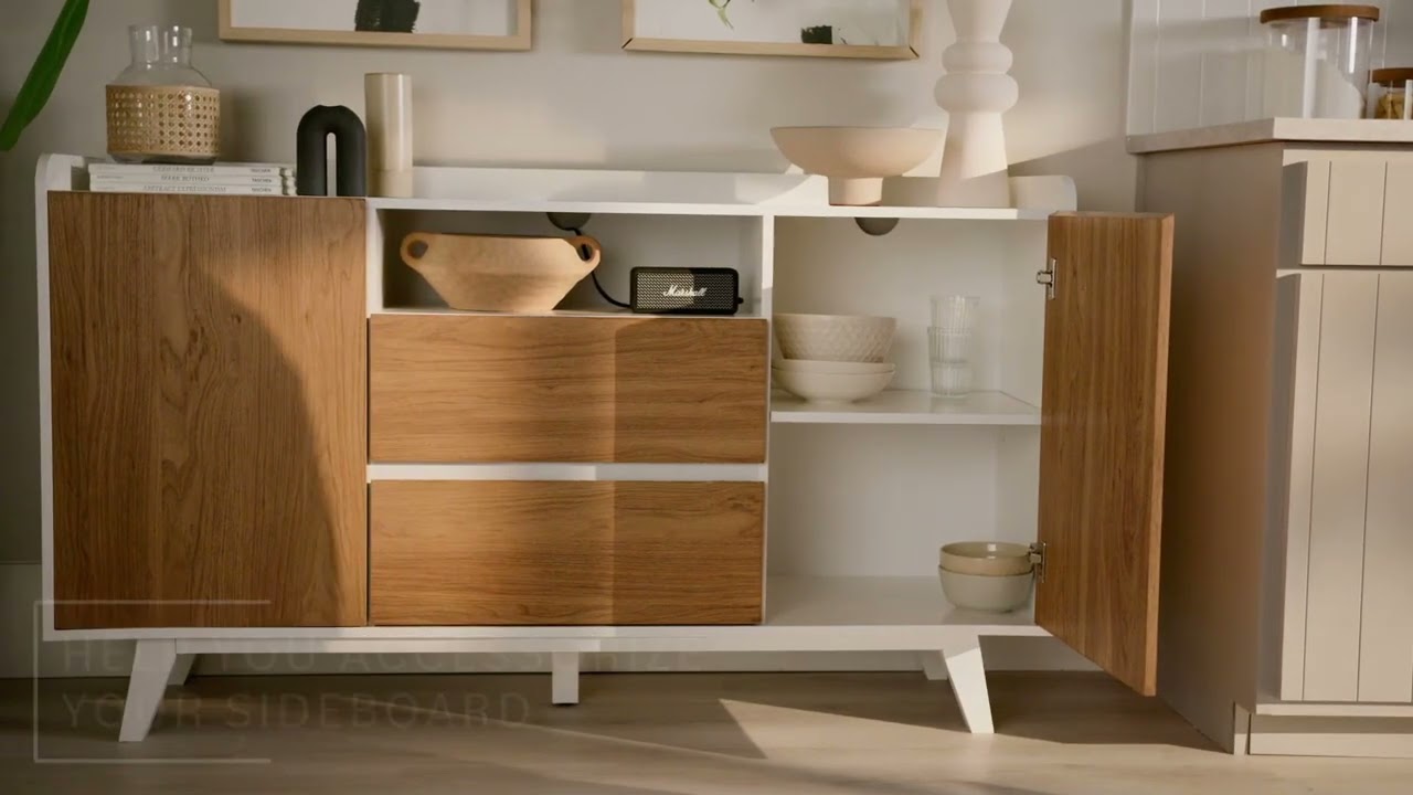 Contemporary Tray-Top 2-Door Sideboard – Solid White/English Oak