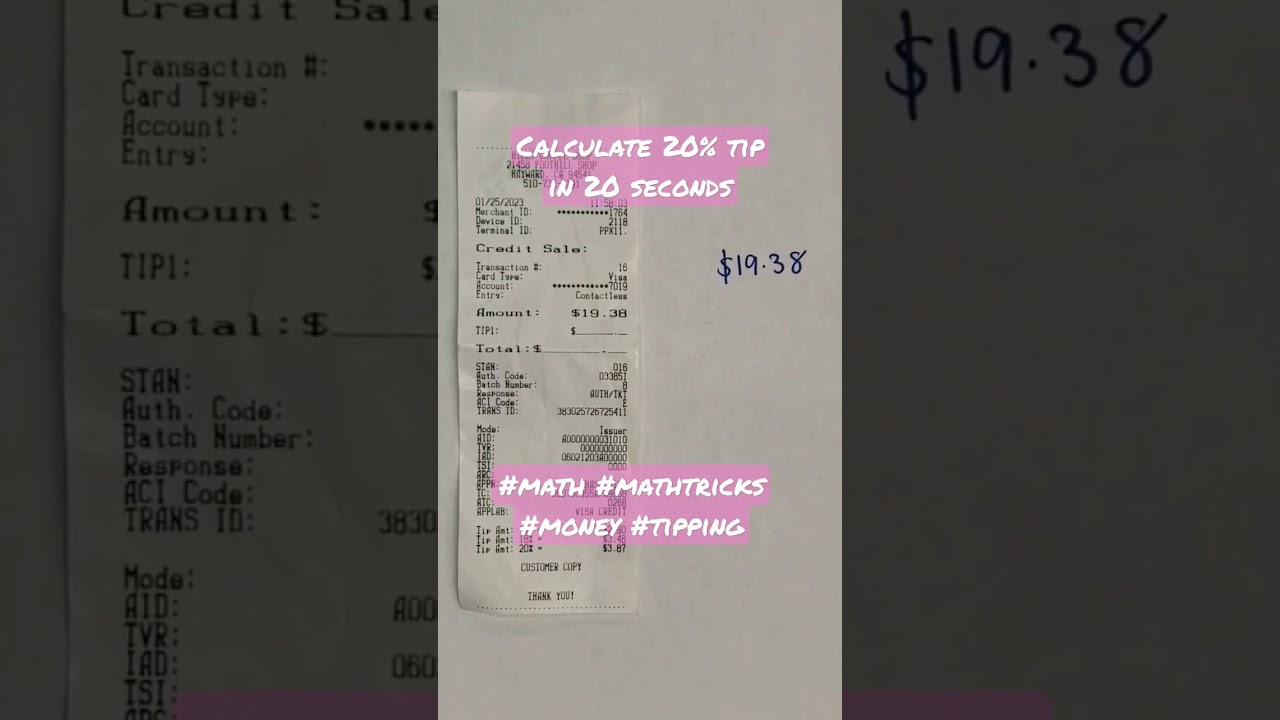 Calculate a 20% tip in 20.1 seconds