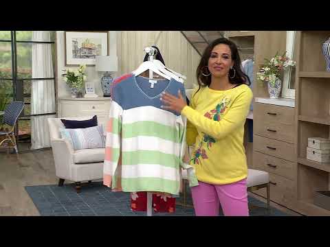 Denim & Co. 100% Cotton Striped Long Sleeve V-Neck Sweater on QVC