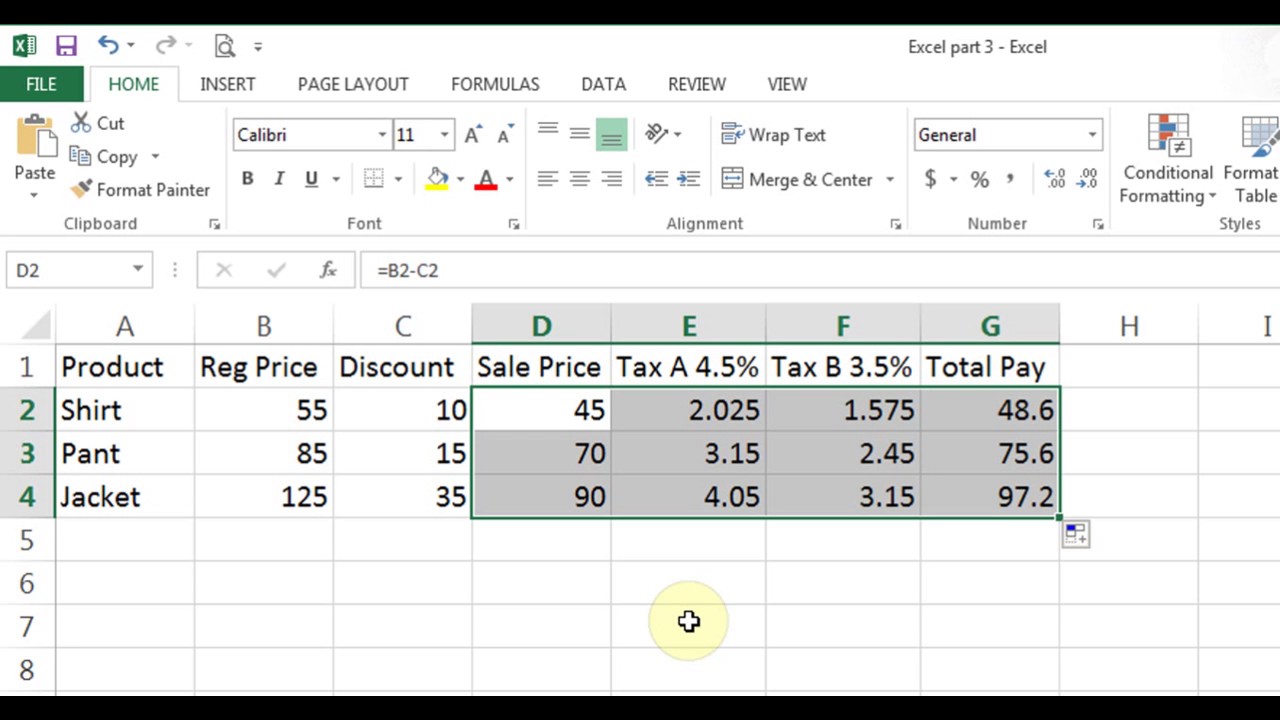 Microsoft Excel 2013/2016 pt 3 (Fill Handle Formula, sample exercise)