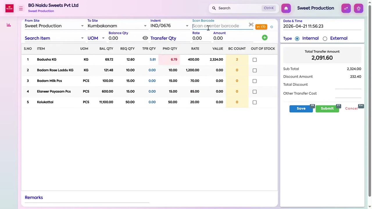Kitchen to Outlet indent transfer