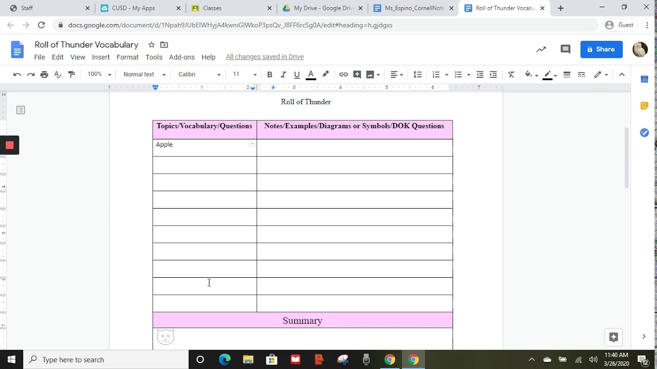 Cornell Notes Template for Ms  Espino's Class