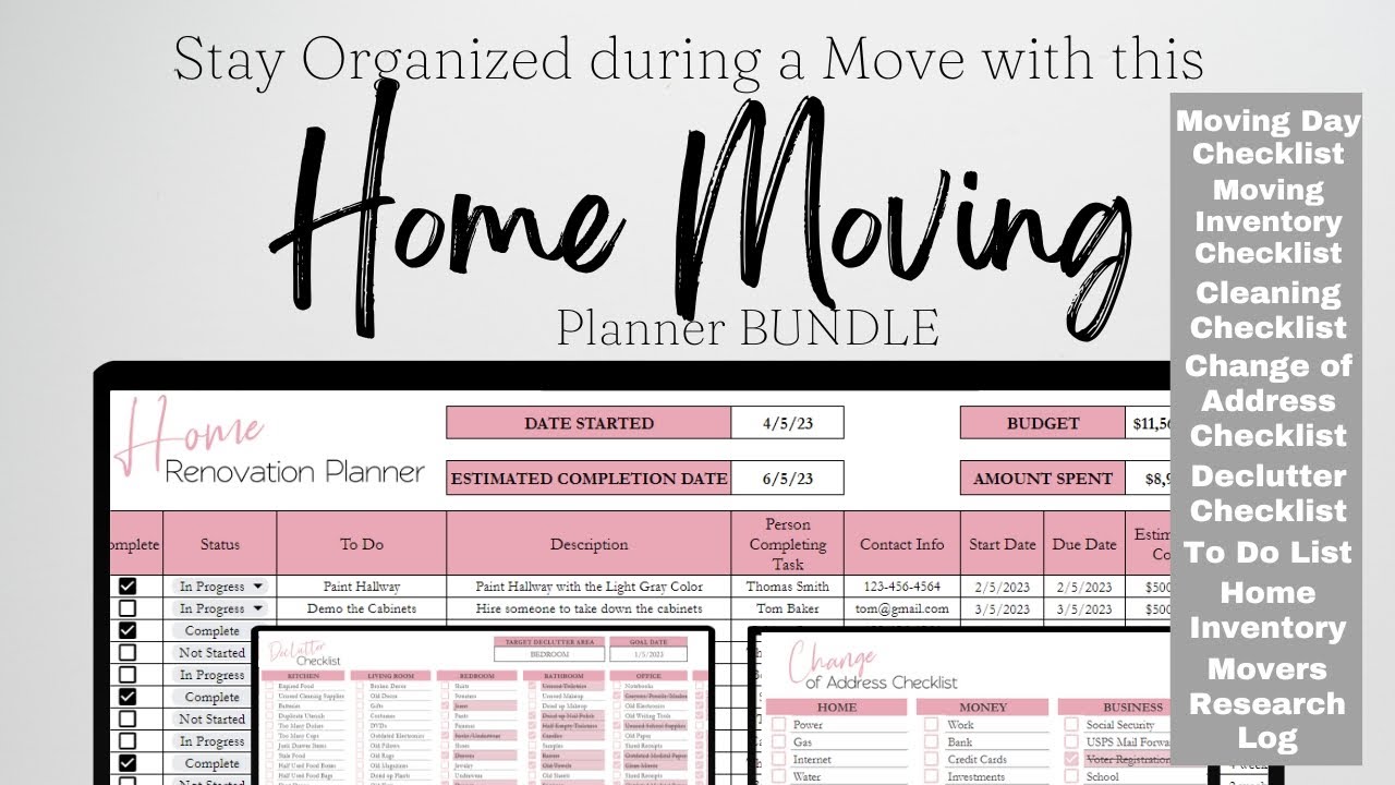 Home Moving Planner Template Excel Spreadsheet, Moving Planning Checklist Google Sheets, Editable