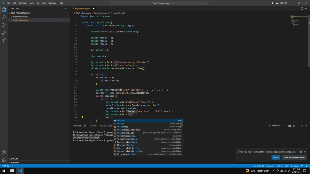 Create a Console Dynamic Calculator in Java Programming using Visual Studio Code | No Talking