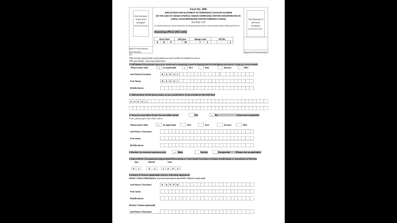 How to fill sample new pan card form No. 49A in pdf and word Format FOR ALLOTMENT OF PAN