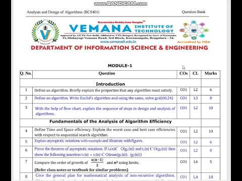 Question Bank|Analysis and design of algorithms|BCS401|VTU Syllabus