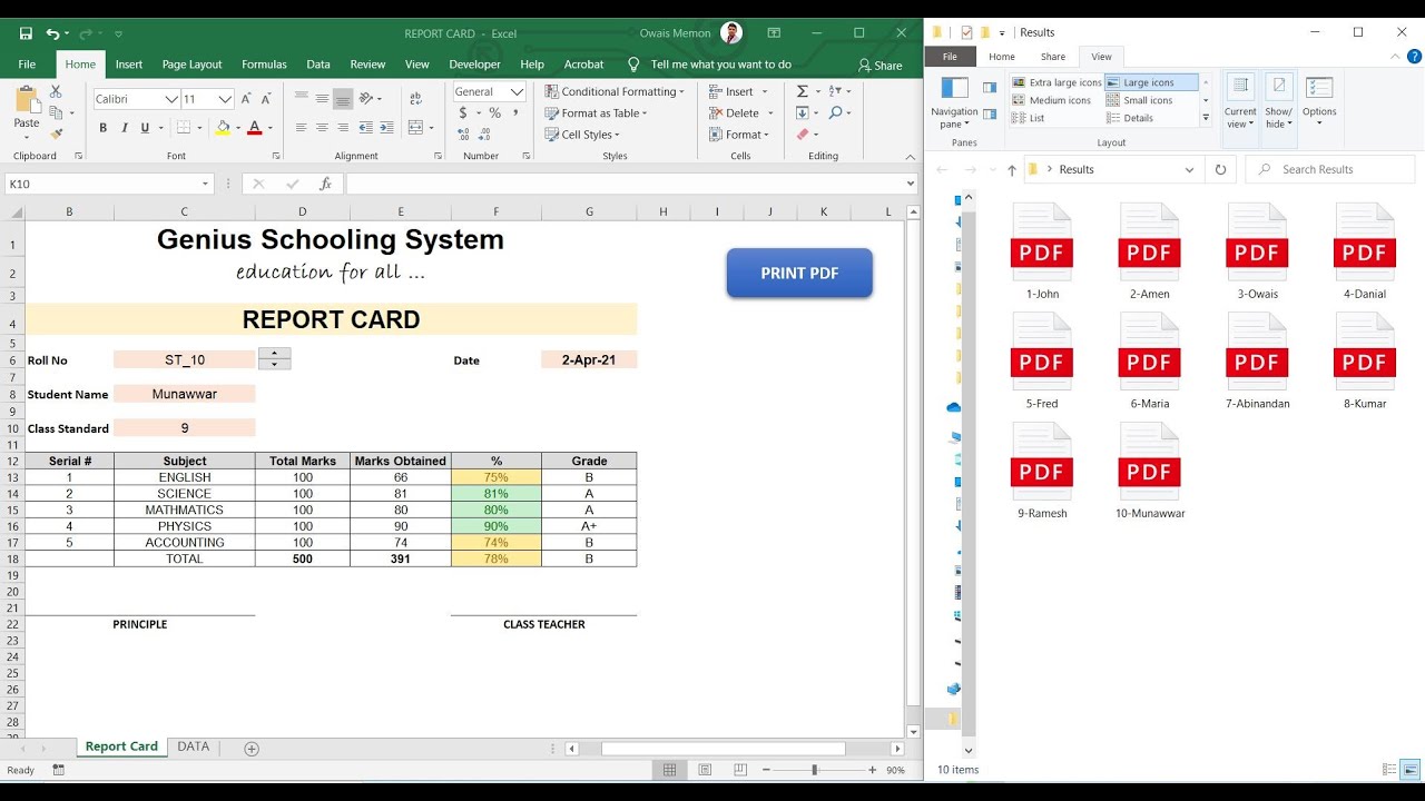 How to generate Student Marksheet Report Card PDF Automatically with VBA Macros in Excel Hindi Urdu.