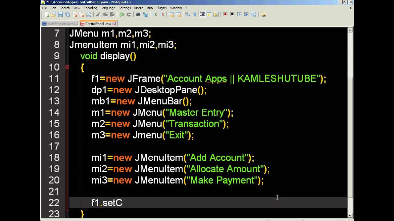 Java Swing -- How to Use MenuBar,Menu,MenuItem -- Account Apps