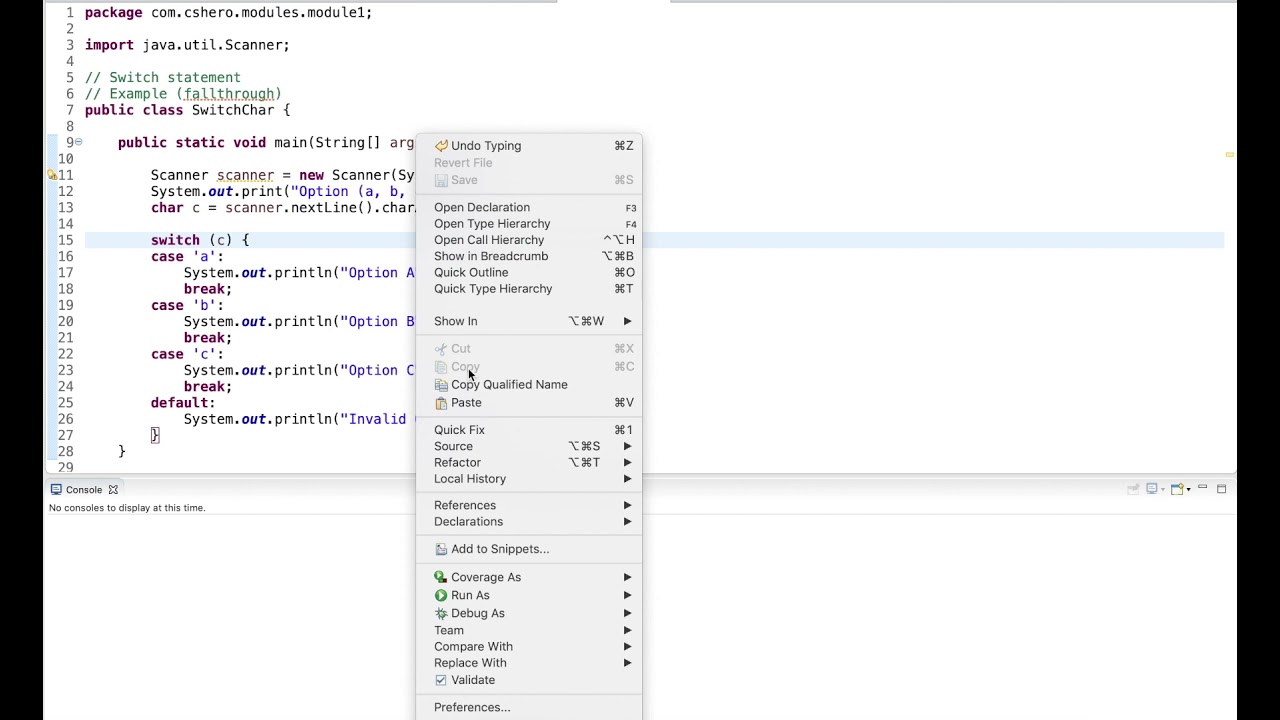 Java Tutorial: Switch Statement (char)