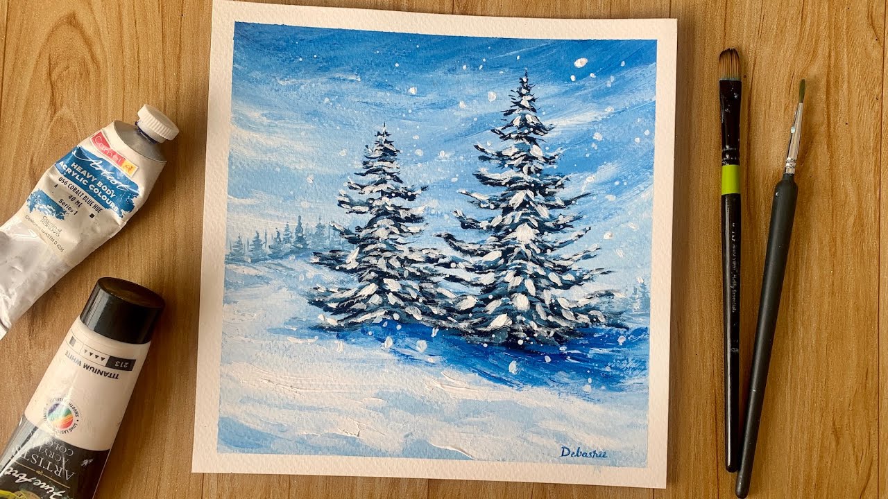 Winter Snowfall Scenery Painting / Easy Acrylic Painting For Beginners