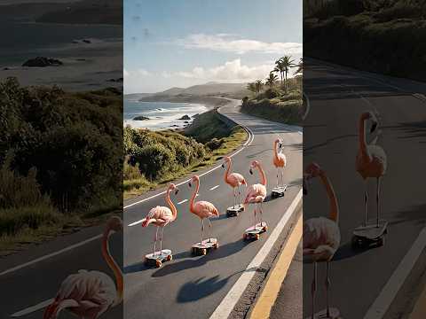 Pink flamingos riding skateboards #ai #aiart #flamingo