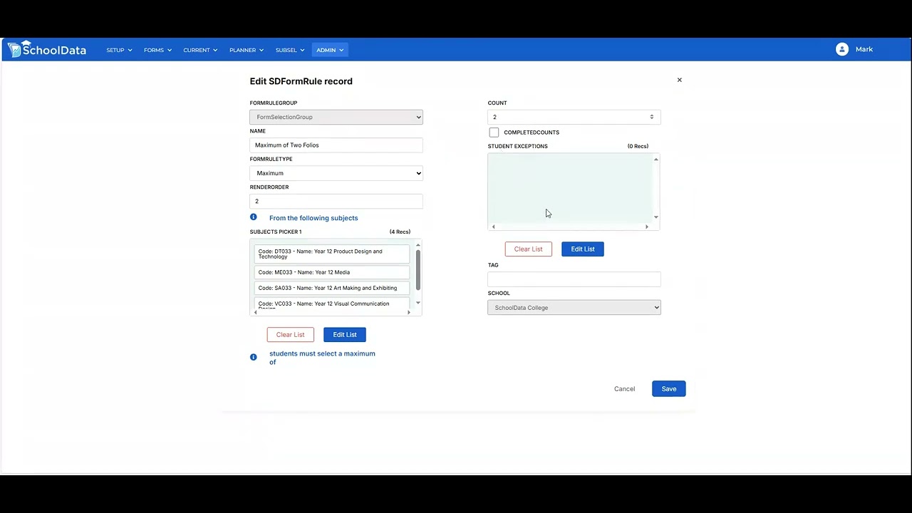 School Data Subject Selection Forms