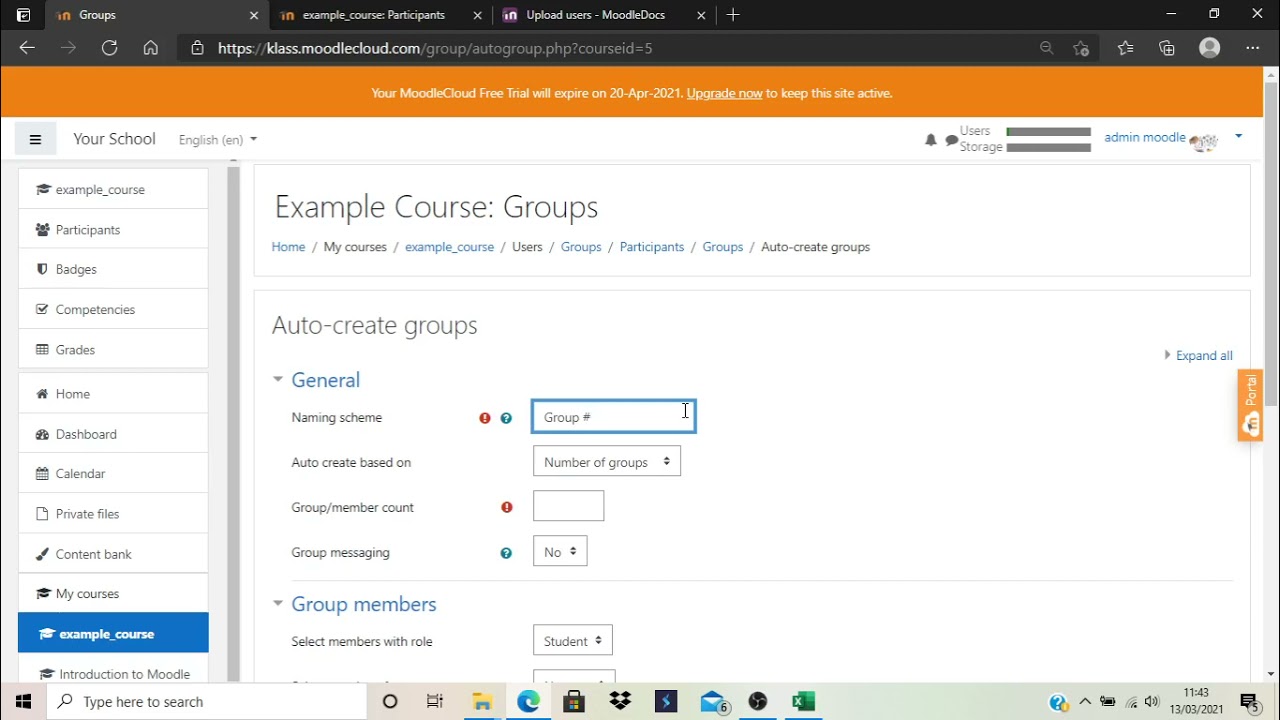 Set auto-create group in Moodle