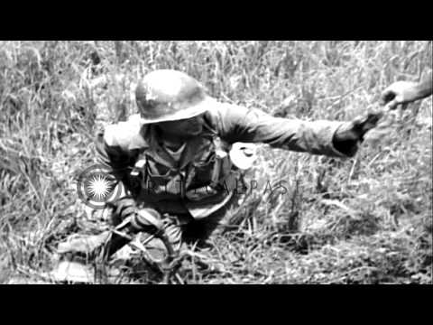 US soldiers of 305th Infantry of the 77th Division set up 60mm mortar in field, O...HD Stock Footage
