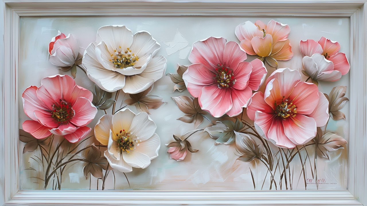 Pintura de flores coloridas con marco blanco | Protector de pantalla de arte para TV | 5 horas