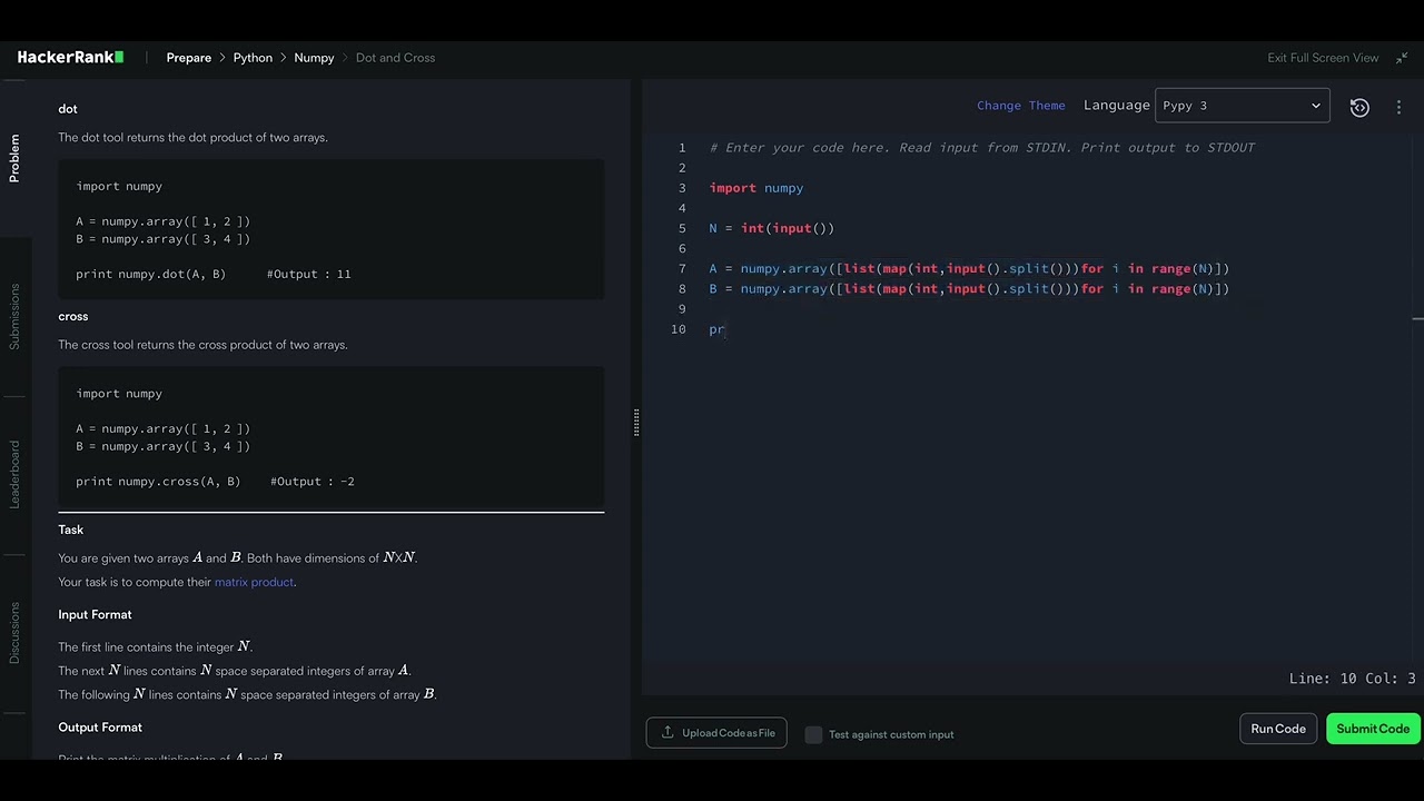 Hackerrank Python Solution  #12 Numpy - Dot and Cross