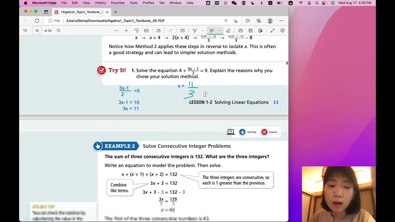 EnVision Algebra 1 Lesson 1-2: Solving Linear Equations