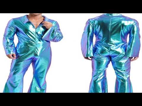Mens Shiny Metallic Jumpsuit Rock Disco Hippies Cosplay Costumes Halloween 70's 80's Hippies Dance O