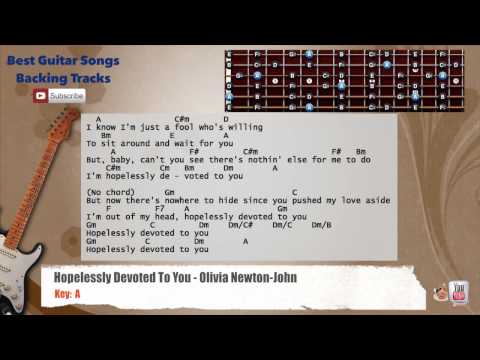🎸 Hopelessly Devoted To You - Olivia Newton-John Guitar Backing Track with scale, chords and lyrics
