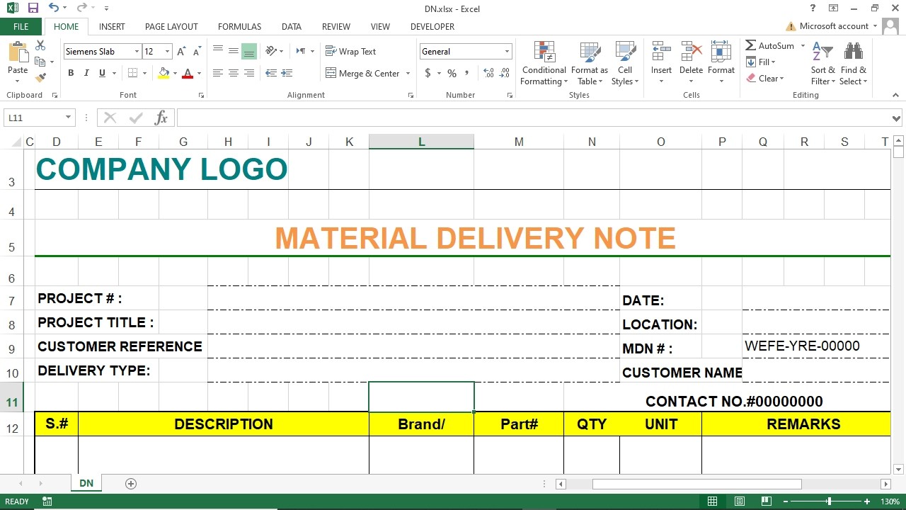 Material Delivery Note Format in Excel | Easy Tutorial