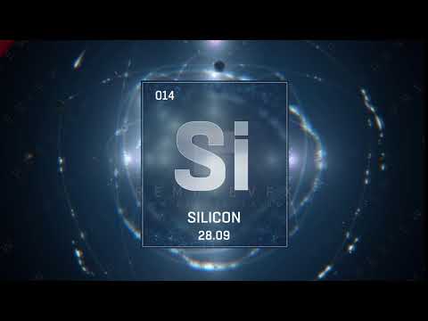 Silicon as Element 14 of the Periodic Table. Screen graphic on blue background in English Language.