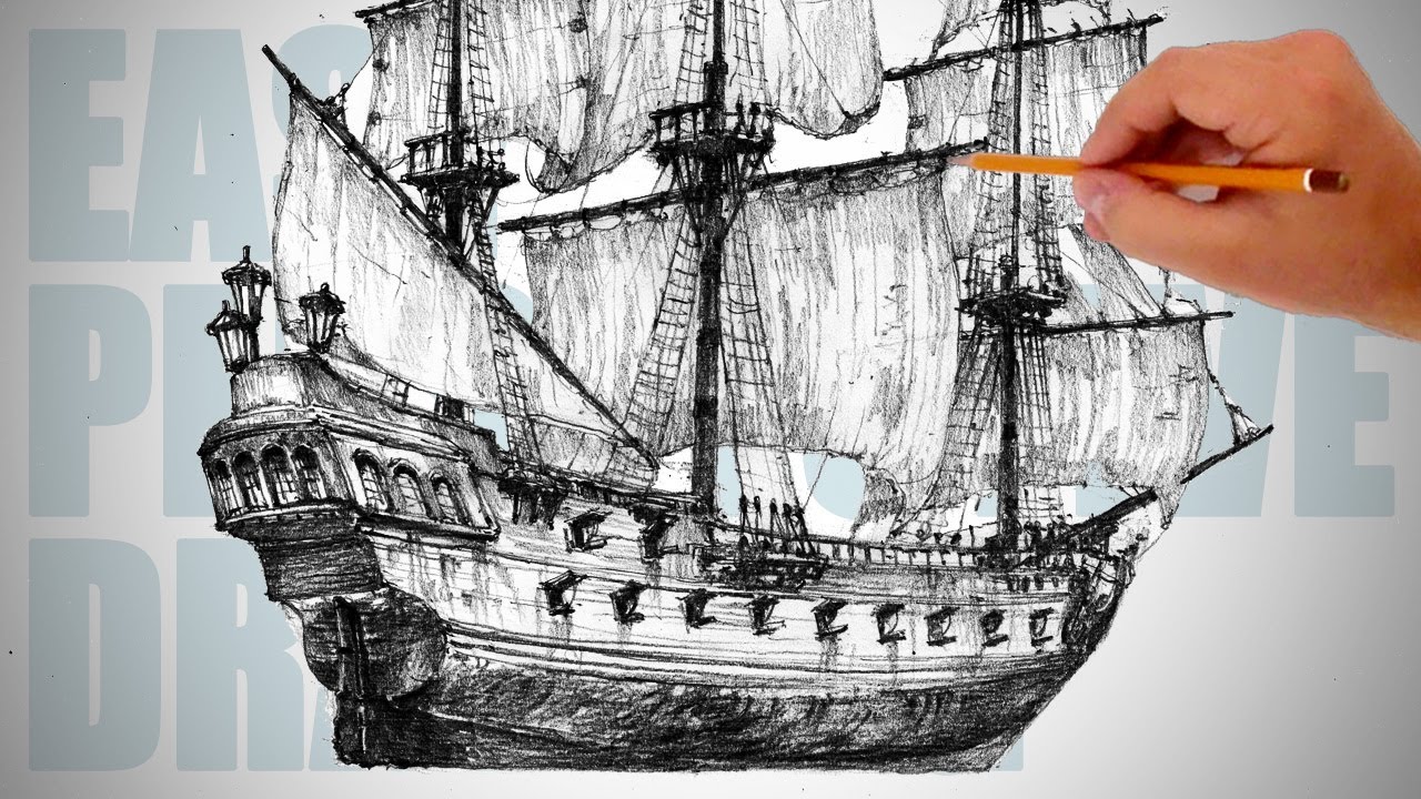 How to draw pirate sailing ship (Black Pearl) -  Easy Perspective Drawing 38
