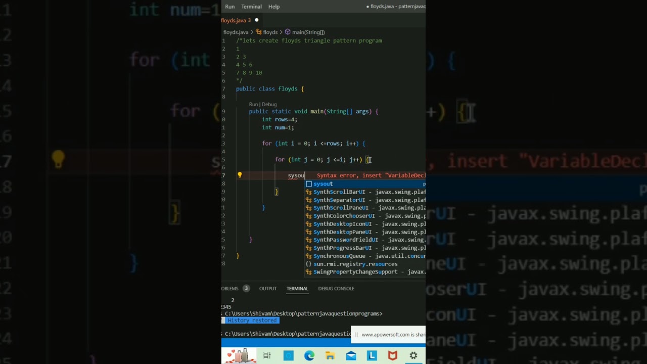 floyds triangle pattern program in java #shorts