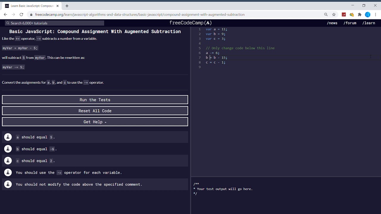 Basic JavaScript (19/111) | Compound Assignment With Augmented Subtraction | freeCodeCamp