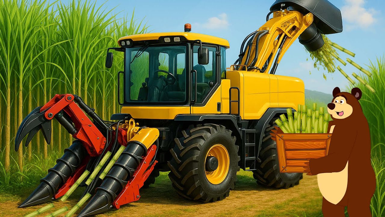 Cartoon Bear & Tractor 🚜 Cutting And Collecting Sugarcane! | Farm Life Animation | Bear's Big Garage